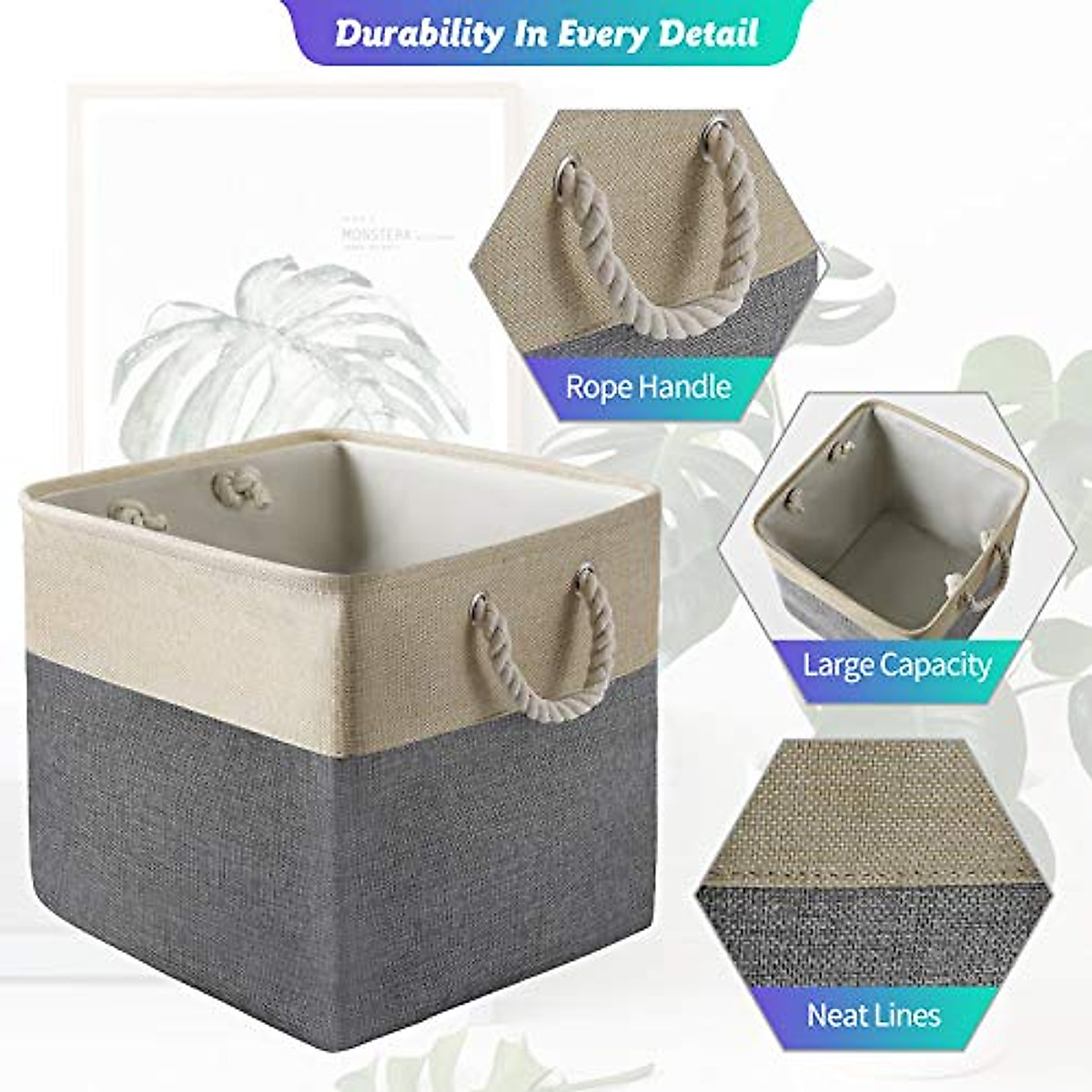 STEPRAGE Storage Bins - Decorative Baskets Foldable Storage Box Cubes with Handles for Organizing Shelf Nursery Home Closet & Office，13(L).13(M) 13(H) - 1Pack, Grey and Beige