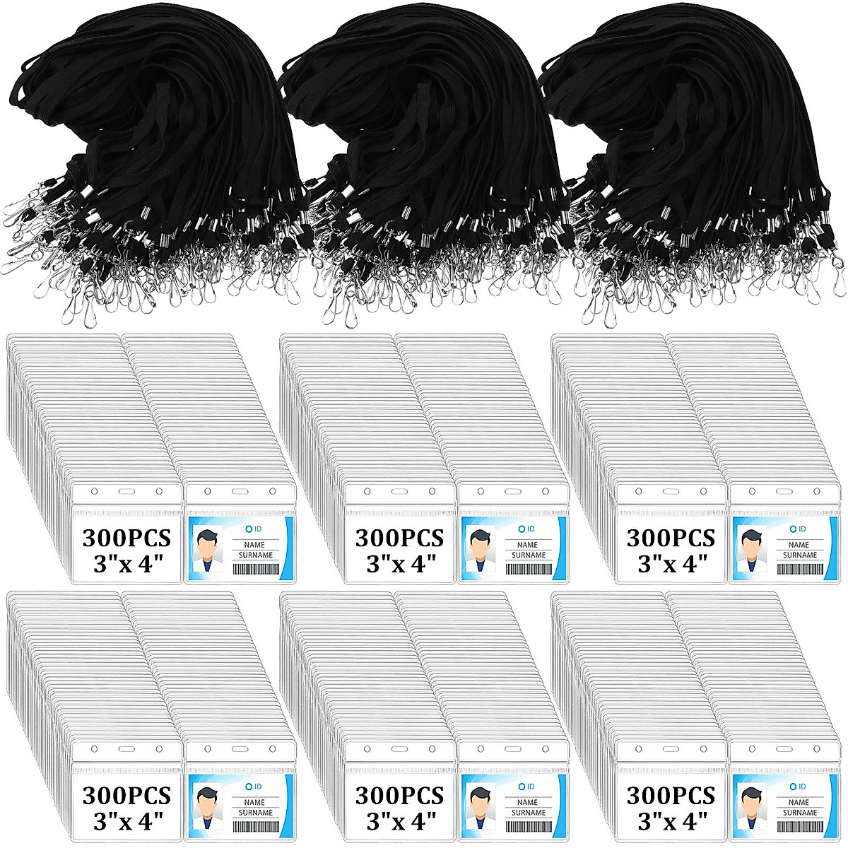 Colarr 300 Set Lanyard with ID Holder Bulk 3.9" x 3.4" Plastic Name Tag Holder and Lanyards Bulk Clear Horizontal Badge Holder and Flat Lanyards with Swivel Hook for Business Office(Black)