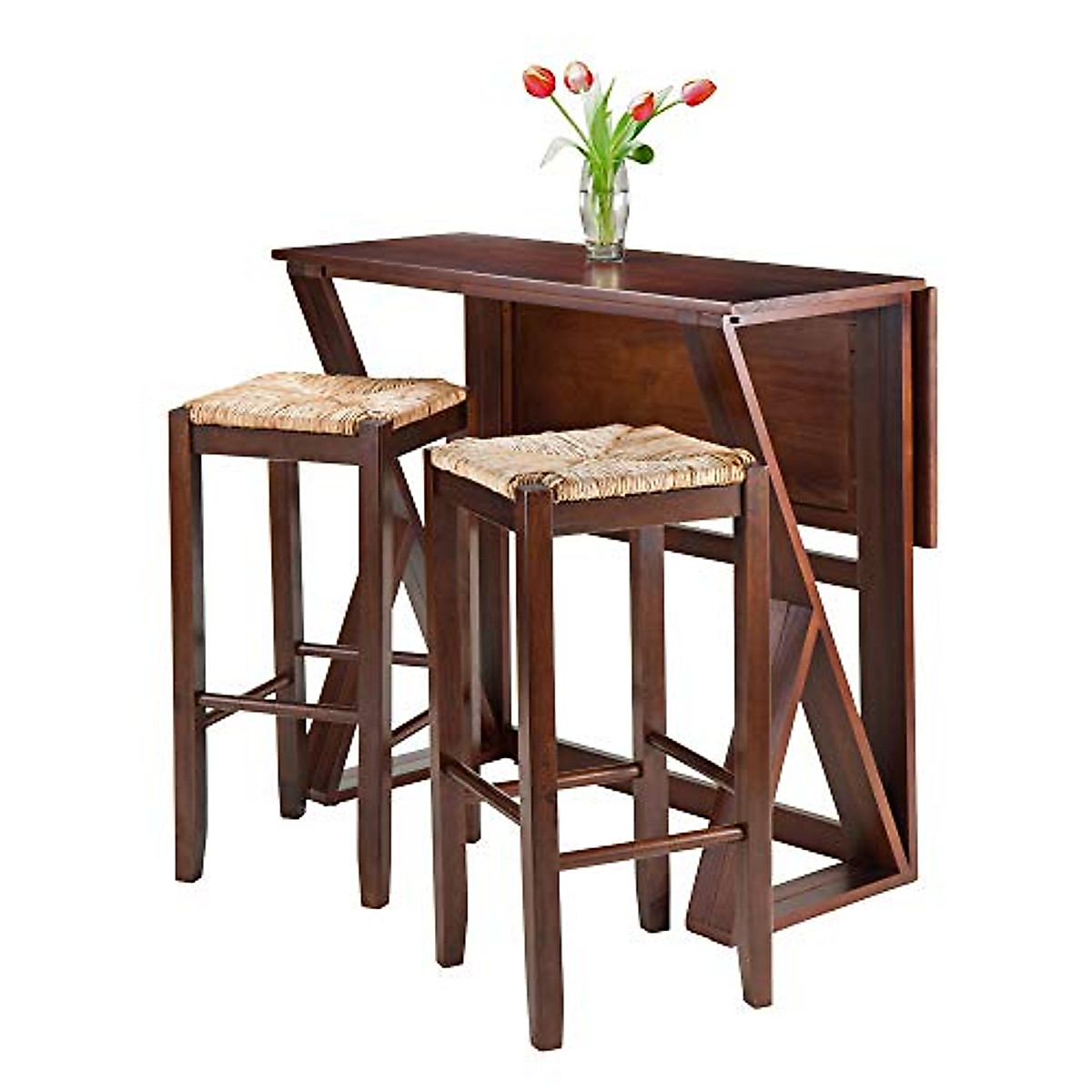 Winsome 3-Piece Harrington Drop Leaf High Table with 2 Rush Seat Stools, 29-Inch, Brown