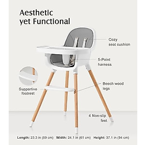 Convertible Baby High Chair, 3-in-1 Wooden Highchair/Toddler Chair with Removable Tray, Feeding & Dining Chair with 5-Point Harness, PU Cushion, Footrest for Babies & Toddlers, Dark Gray