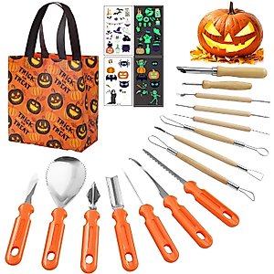 Haromala Halloween Pumpkin Carving Kit, Professional Stainless Steel Pumpkin Carving Tools Kit with Storage bag and luminous Tattoos, Carve Sculpt Jack-O-Lanterns for Decorations DIY