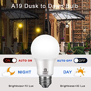 Energetic 4-Pack Dusk to Dawn LED Outdoor Light Bulb, 60 Watt Equivalent(6W), 800LM, Warm White 3000K, E26 Base, Automatic On/Off Sensor Light Bulb for Porch, Hallway, Garage, UL Listed