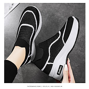 Women's Orthopedic Slip-On Stretch Thick Sole Sneakers with Arch Support,Breathable Comfortable Lightweight Soft Fashion Mesh Sneakers,Outdoor Casual Walking Running Tennis Shoes (Black,8)