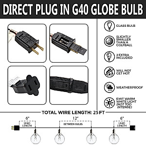 Upook Outdoor String Lights G40 Globe Patio Lights 25 Ft 27 Clear Bulbs (2 Spare) Indoor Commercial Decor Outdoor Lights Connectable Waterproof for Christmas Party Wedding Garden Porch Deck, Black…