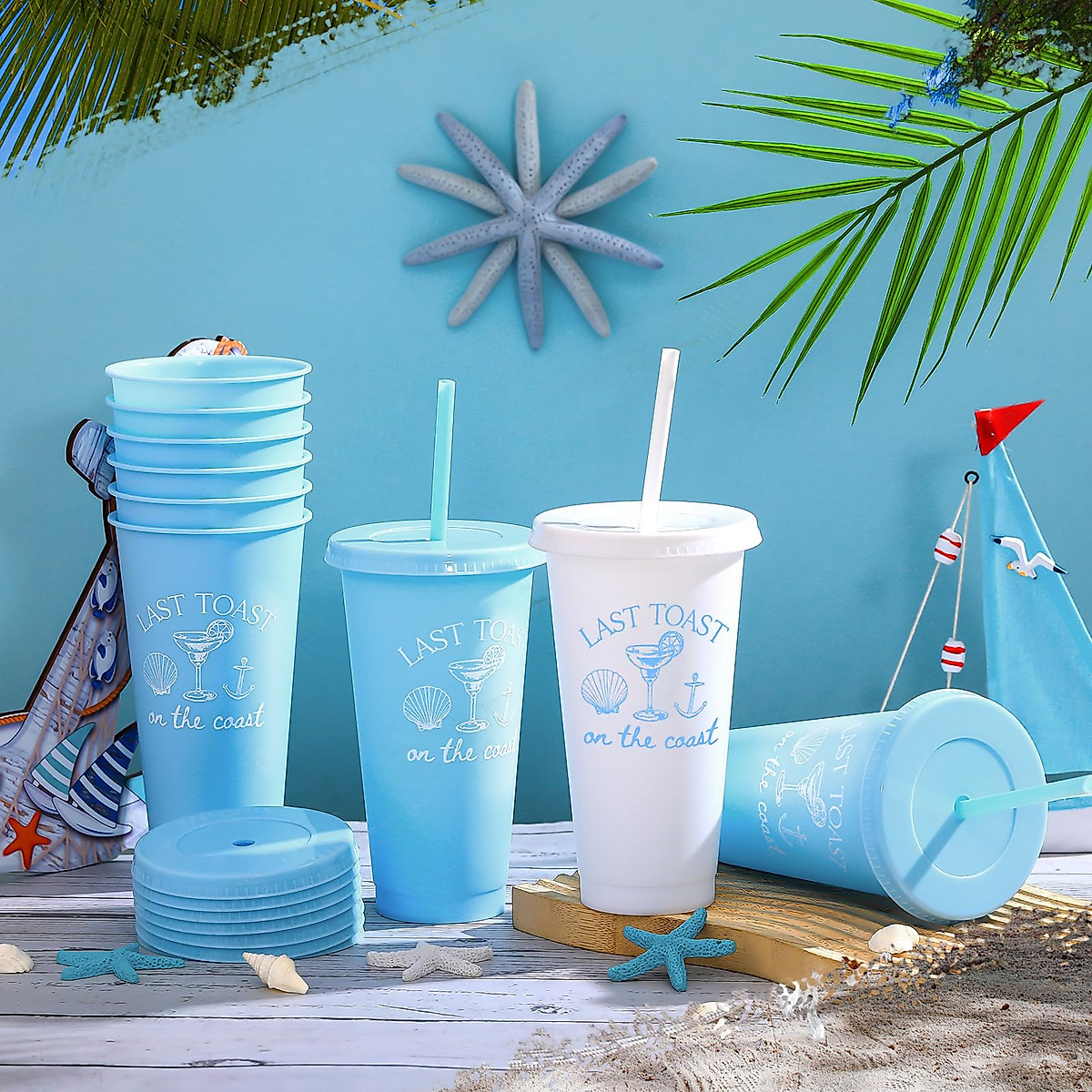Qinyoung 16 Pcs Last Toast on the Coasts Bachelorette Party Plastic Cups 24 oz Bachelorette Party Tumbler with Lids and Straws Camp Bachelorette Cups for Bride Bridesmaid Last Toast on the Coast Gifts