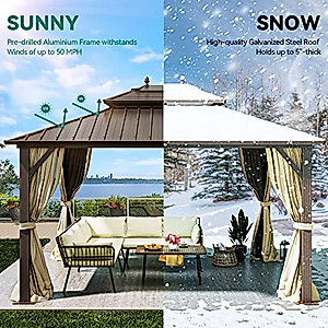 YITAHOME 10x12ft Hardtop Gazebo with Nettings and Curtains, Heavy Duty Double Roof Galvanized Steel Outdoor Combined of Horizontal Vertical Stripes Roof for Patio, Backyard, Deck, Lawn (Bronze)