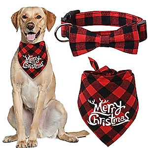 Christmas Dog Bandana and Collar Set Plaid with Bow Tie Dog Scarf Triangle Bibs Kerchief Adjustable Costume Accessories for Cats Dogs Pets