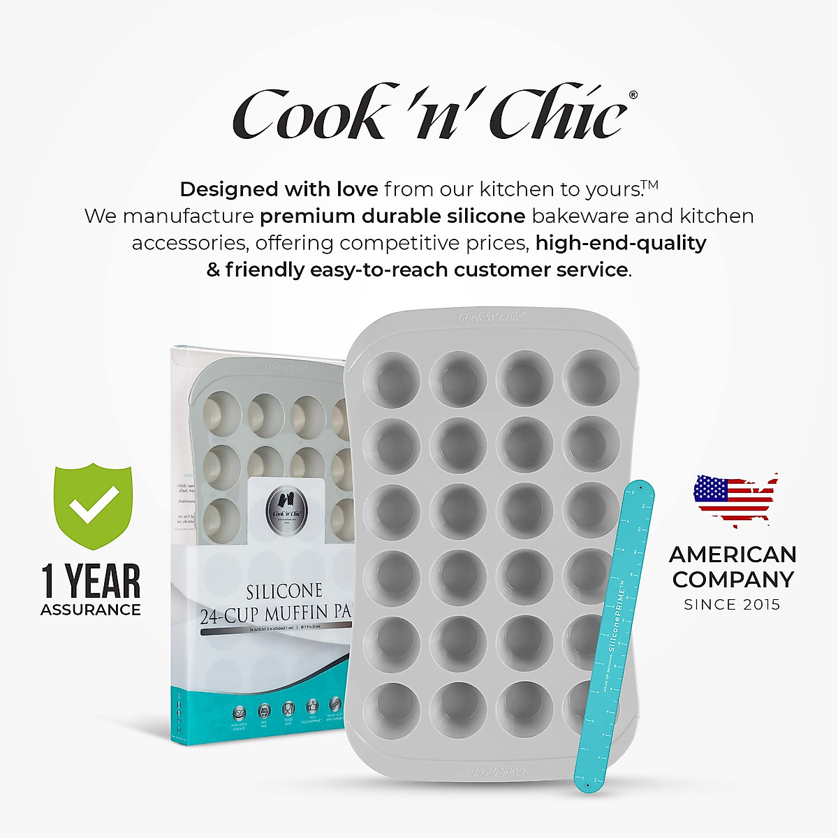 Silicone Muffin Pan - Non-Stick Oven Dish - Professional Baking Mould - Multi-Purpose Cupcakes Tart Shells Mini Cheesecakes - BPA Free - Dishwasher Freezer Safe - Quick Release (24-Cup) by Cook'n'Chic