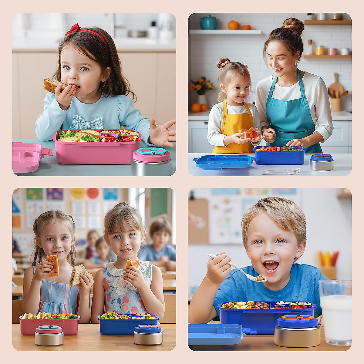 DaCool Lunch Box Kids Bento Box 7.5 Cups with 4-Compartment Leakproof BPA Free Toddler Girls Lunch Containers with Fork Spoon for Meal Snack On-the-Go School Picnic, Microwave Dishwasher Safe, Pink