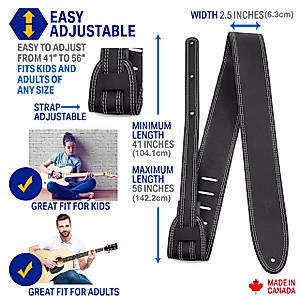Perri's Leather Ltd. - Double Stitched Leather Strap - Adjustable Strap from 41" to 56" for Electric, Acoustic, Bass Guitars - for Kids & Adults - Black (BDS-175)