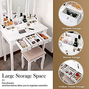 Vanity Desk with Mirror and Lights Makeup Vanity with Lights and Tri-Folding Mirror,Vanity Table with Lights,Makeup Vanity with Drawers,Vanity Mirror with Lights Desk and Chair Makeup Desk for Girl