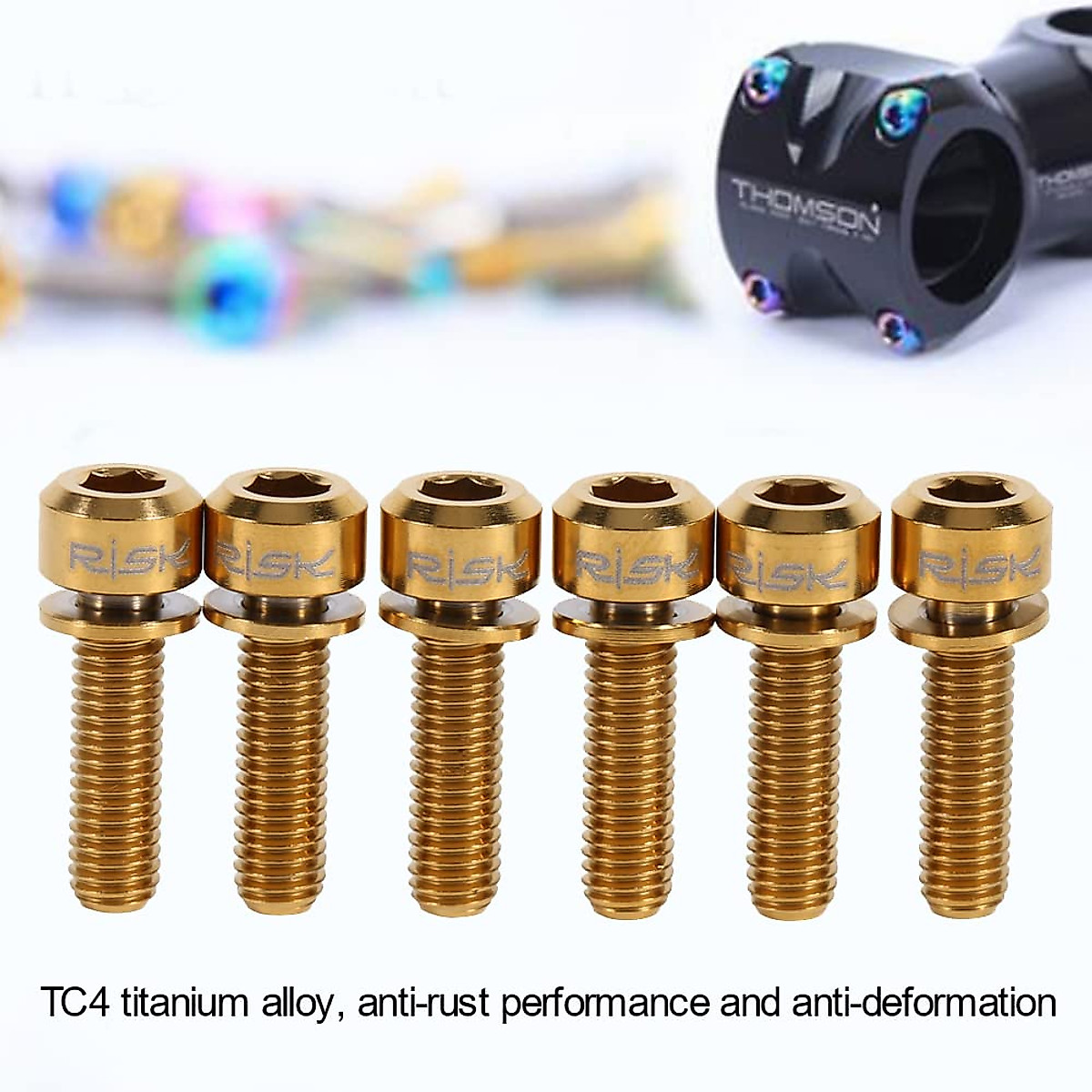 VGEBY Titanium Alloy Hex Tapered Bike Bolt, 6Pcs Stainless Steel Bike Parts Bike Stem Bolt with Washer Screw Bike Stem Bolts Titanium Bolts BMX Accessories (Golden)