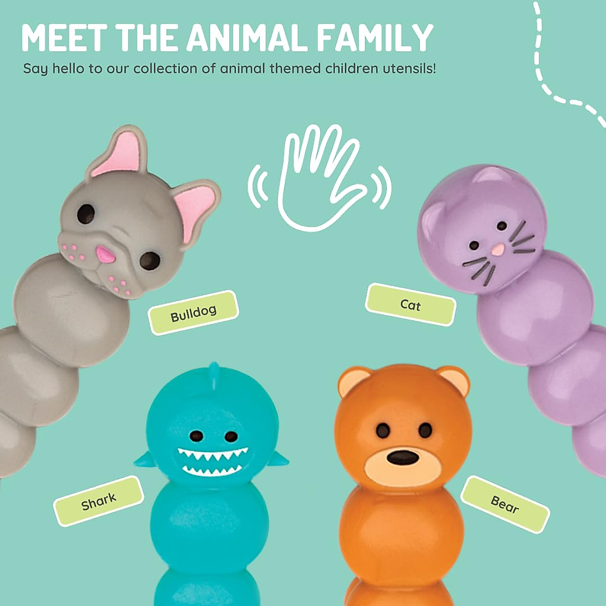 melii Toddler and Kid Feeding Spoon & Fork Set, Stainless Steel – Bulldog, Cat, Shark, Bear– BPA Free, Dishwasher safe (Bear & Shark 4pc)