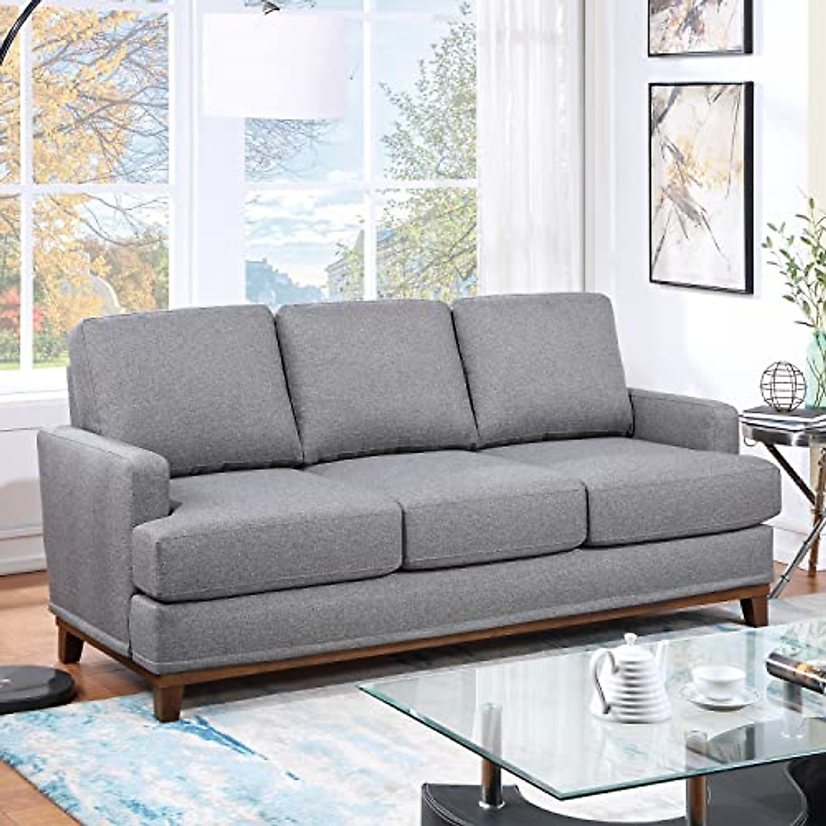 Bridgevine Home Modern 80 Inch Sofa Couch with Dark Walnut Accent Wood Base, for Living Room Easy Clean Couch, Deep Seating Reversable Memory Foam Cushions, Marcus Alabaster Grey, Avalon Grey