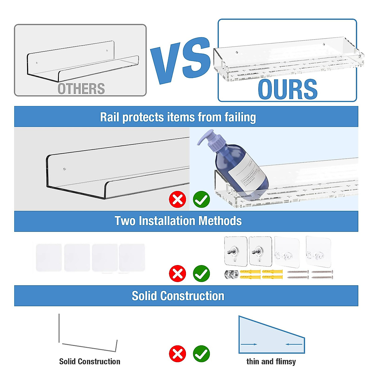 NiHome Clear Acrylic Shower Shelves 2-Pack, Stick On Shower Shelf with Hooks & Mounting Accessories, Clear Shower Caddy, Self Adhesive Shower Shelves for Bathroom, Kitchen, Bedroom - Superior Drainage