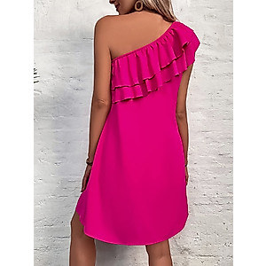 Floerns Women's One Shoulder Tiered Layered Sleeveless Ruffle Trim Tunic Dress A Hot Pink XL
