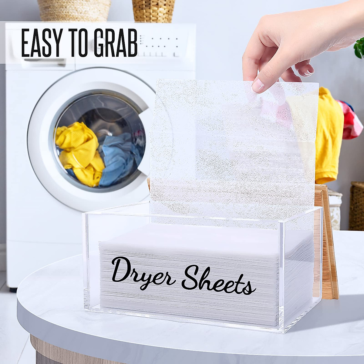 JYPS Acrylic Dryer Sheet Holder Container with Bamboo Lid for Laundry Room Decor Organization and Storage, Clean Dryer Sheet Detergent Pods Dispenser Box with Dryer Sheet Label