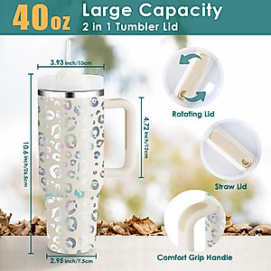 PIMDIR 40oz Leopard Tumbler with Handle Straw Lid, Stainless Steel Vacuum Insulated Reusable Travel Mug Keep Drinks Cold Ice Gym Cup, Gifts for Women Lovers, Car Holder Friendly, White