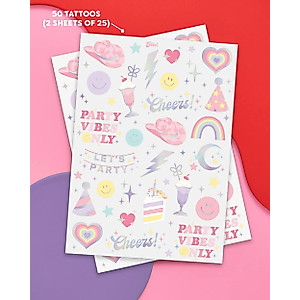 xo, Fetti Pastel Rainbow Temporary Tattoos - 50 Iridescent Foil Styles | Preppy Birthday Party Supplies, Smiley Party Favors, Party Vibes Only
