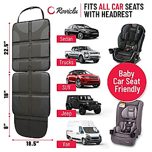 ROVICLU Car Seat Protector for Child Baby with Thickest Padding, Leather car seat Protection mat for Vehicles with Non-Slip Back Pad 8 Waterproof Layers, Mesh Storage Pockets, Universal (Black)