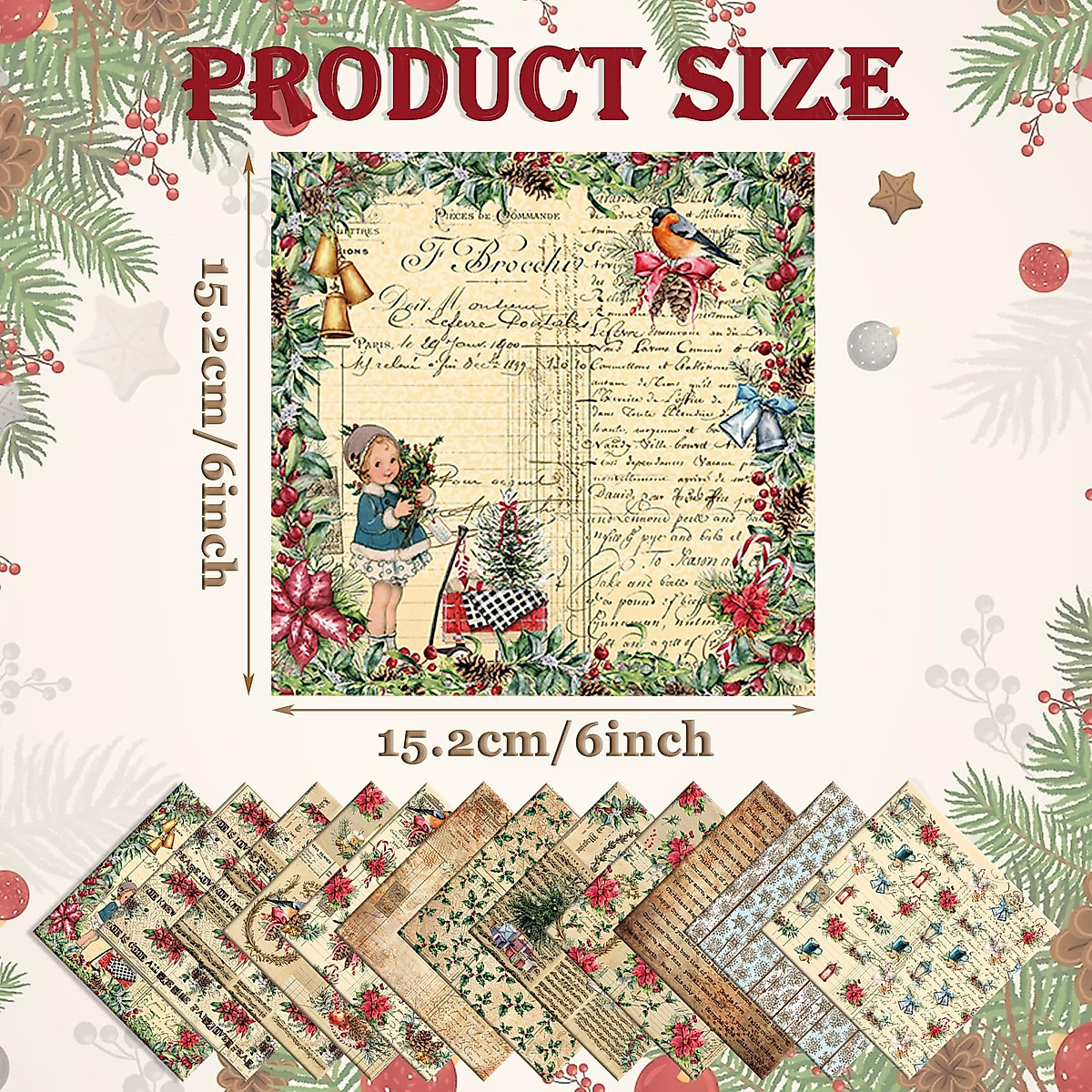 GLKTOPO Christmas Pattern Scrapbook Paper, 6 Inch Card Production Supplies, 24 Sheets Single Sided Acid-Free Cardstock Greeting Card, Handmade Gift Journaling Craft Kits (E-style)