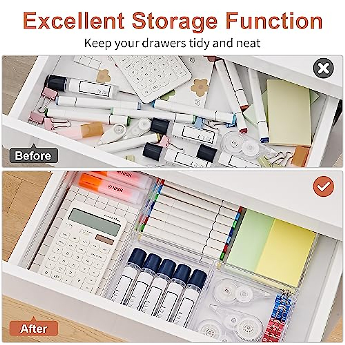 SMARTAKE 6 PCS Clear Plastic Drawer Organizers Set, Large Size Non-Slip Desk Drawer Organizer, 2-Size Versatile Bathroom and Vanity Drawer Organizer Trays for Makeup, Bedroom, Office, Kitchen Utensils