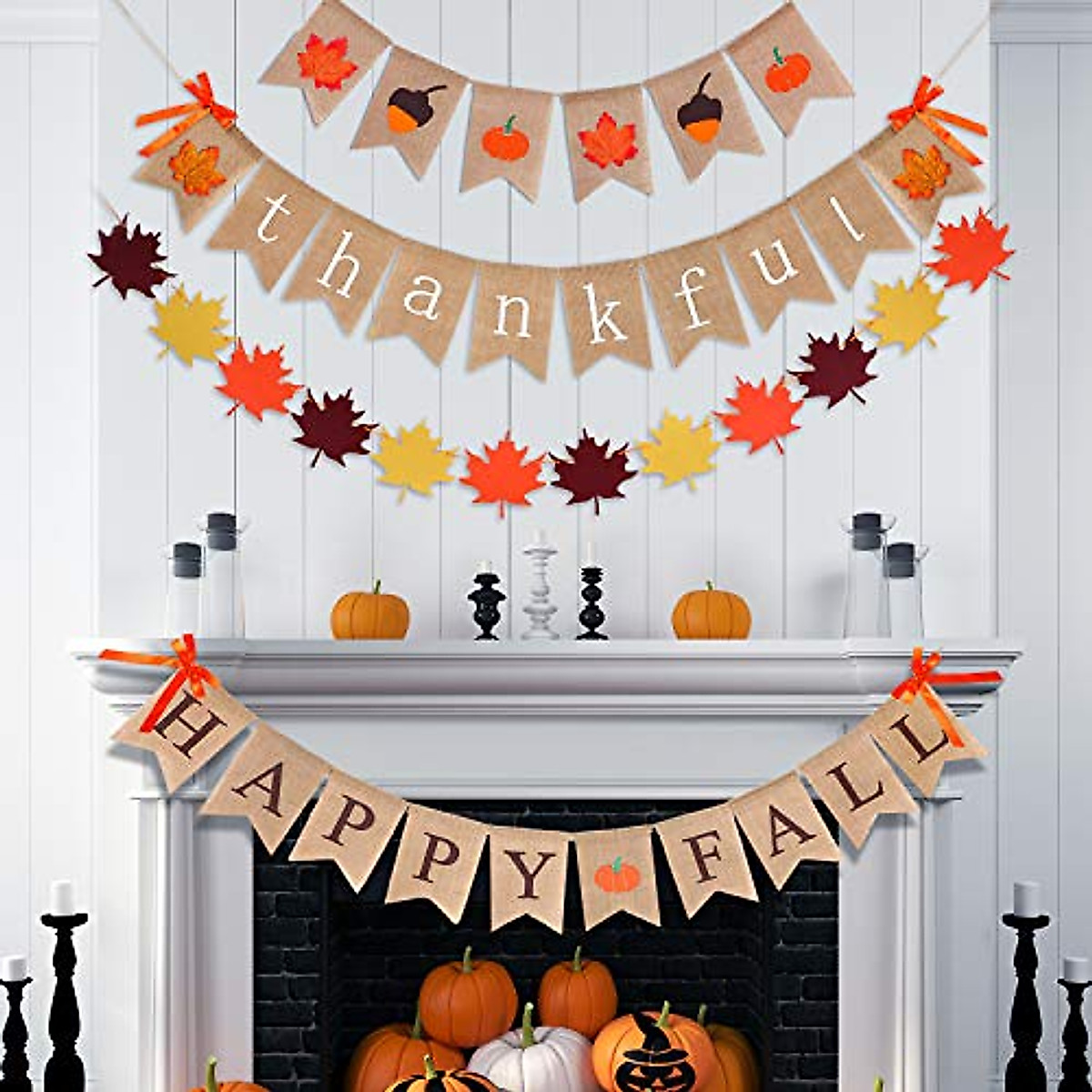 4 Pieces Thanksgiving Fall Decorations Burlap Thankful Banner Happy Fall Banner Pumpkins Maple Leaves Acorn Banner Felt Maple Leaves Garland Banner for Thanksgiving Decorations
