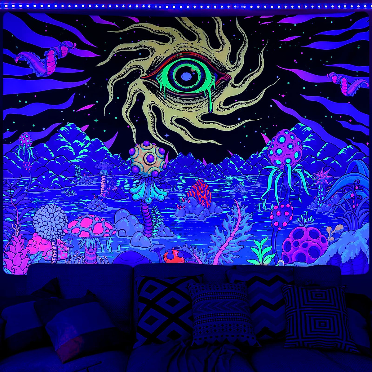 Uspring Blacklight Burning Sun Tapestry UV Reactive Sunset Mushroom Tapestry Hippie Eyes Tapestries Ocean Plant Tapestry Aesthetic Mountain Tapestry Wall Hanging for Bedroom(59.1 x 82.7 inches)