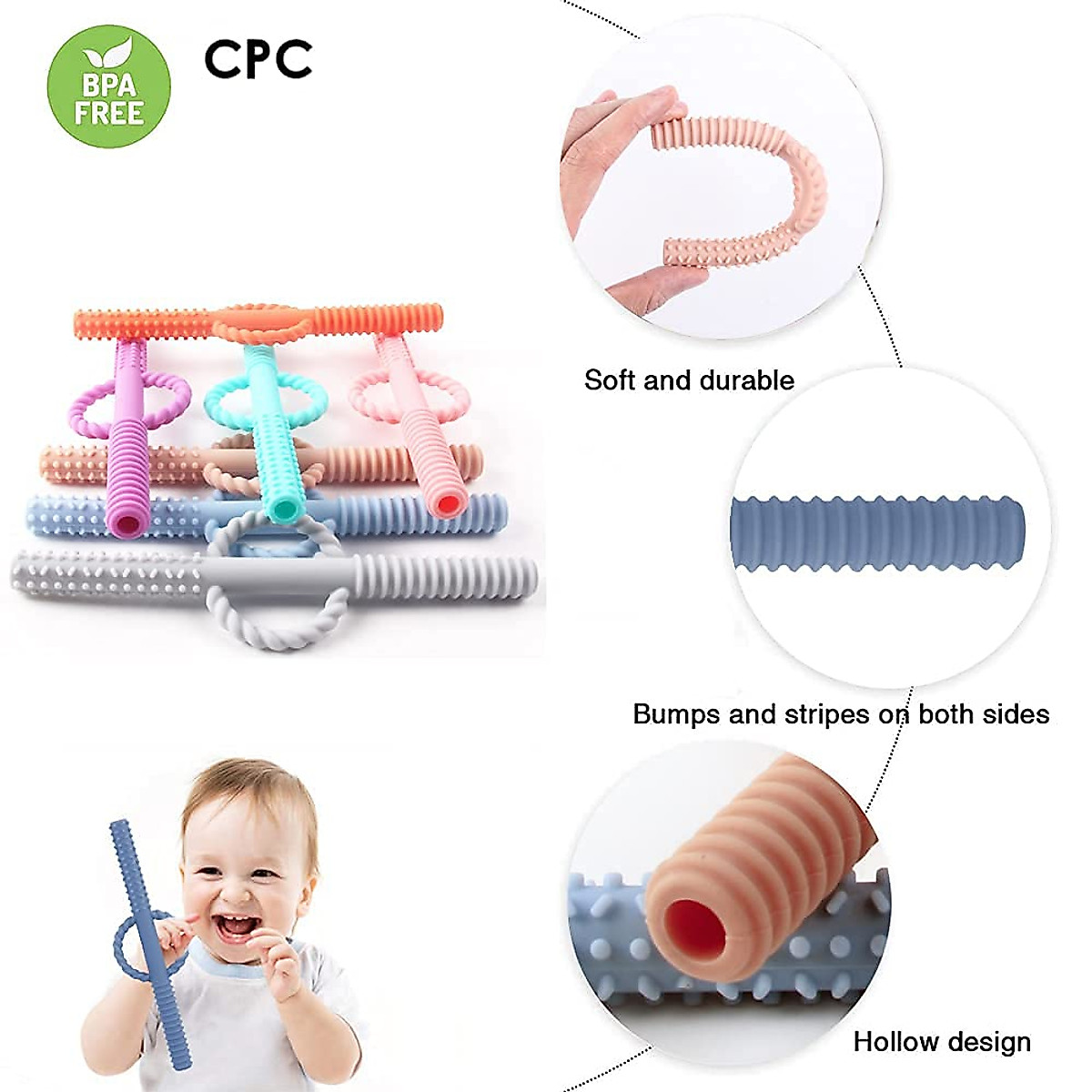 YAPROMO Silicone Baby Teether Tubes for Infants with Nursing Biting Chewing - 3 Pack 3 Pcs-Blue&Beige&Grey