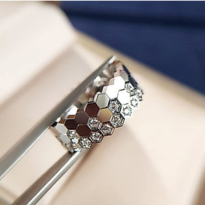 Lun Detail 18K Plated Platinum/Rose Gold Cute Bee Honeycomb Ring Minimalist Women's Geometric 3PCS Set Shiny Cubic Zirconia Diamond Hexagonal Wedding Anniversary Eternity (6#, Platinum)