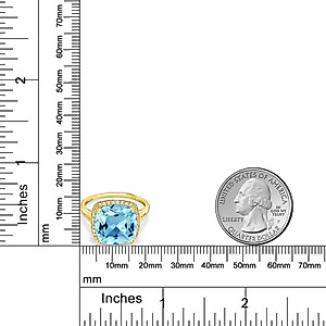 Gem Stone King 10K Yellow Gold Swiss Blue Topaz and White Created Sapphire Ring For Women (8.54 Cttw, Cushion 12MM, Gemstone Birthstone, Available In Size 5, 6, 7, 8, 9)