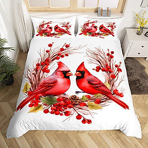 jejeloiu Red Cardinals Bedding Set Queen Size Kids Pine Cones Comforter Cover Set for Boys Girls Teens Cute Birds Duvet Cover Romantic Love Bedspread Cover Room Decorations Quilt Cover