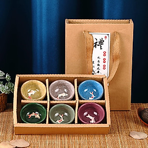 Skyley 6 Pieces Korean Soju Shot Glasses Sets Koi Fish Tea Set Porcelain Koi Fish Tea Cups Korean Ceramic Cups Tea Accessories Drinkware, Handcrafted Ceramic 6 Fish in the Glasses