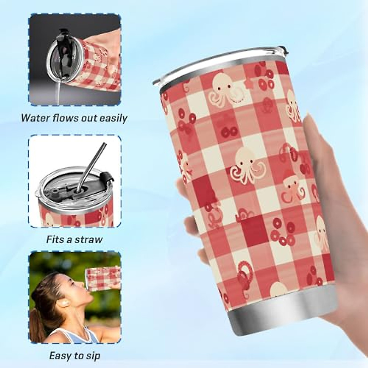 sanluoli animal sea Cute Peach Plaid Stainless Steel insulated cup Leak-proof Lid and Straw travel mugs for gym simply insulated tumbler 20 OZ
