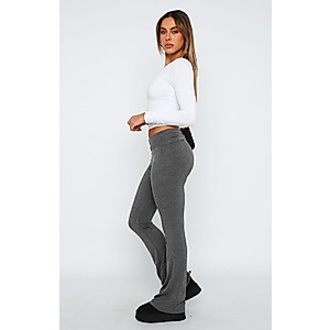 Goafuliy Grey Flare Leggings for Women, Fold Over Yoga Pants Bell Bottom Soft Y2k Joggers Lounge Bootcut Pant M