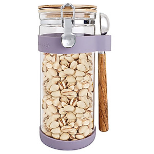 MR.BLACAT KKC Home Accents Clear Visible Glass Coffee Storage Jars with Bamboo Clamp Lid, Airtight Canister for Sugar,Salt,Coffee Beans,Loose Leaf Tea,Nuts,Pantry Organization – 50 Fl. Oz,Purple