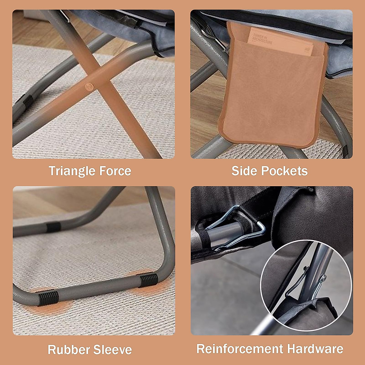 JNTKE Lazy Chair with Ottoman Foldable Aluminum Reclining with Armrests and Side Pocket Adjustable Reading Sofa Chair with Footrest for Bedroom/Office/Living Room/Grey