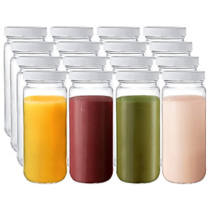 Suwimut 16 Pack Glass Juicing Bottles, 16oz Reusable Glass Drinking Bottle Jar Clear Glass Water Bottle with Plastic Airtight Lids for Juice, Smoothies, Tea, Milk, Kombucha, Beverages