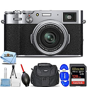 Pixel Hub FUJIFILM X100V Digital Camera (Silver) 16642939-7PC Accessory Bundle Includes: Sandisk Extreme Pro 128GB SD,Memory Card Reader,Gadget Bag,Blower. Microfiber Cloth and Cleaning Kit