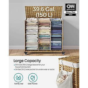 SONGMICS Laundry Hamper with Lid, 42.3 Gallons (160 L), Rolling Laundry Basket with Wheels, 3-Section Synthetic Rattan, Removable Liner, Bedroom, 27.6 x 14.2 x 26 Inches, Natural ULCB365N01