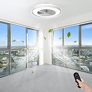 Ceiling Fan with Lights Remote Control,Dimmable Fan Lighting, 20'' Enclosed Bladeless Fan, Semi Flush Mount,2.4GHz Wi-Fi Bluetooth & App Controlled Works with Alexa and Google Assistant (Matte White)