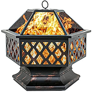 F2C Hex-Shaped Fire Pit for Garden 24 Inch Wood Burning Bonfire Firebowl Outdoor Portable Steel Firepit with Flame-Retardant Mesh Lid for Patio Backyard Garden Beach Camping Picnic