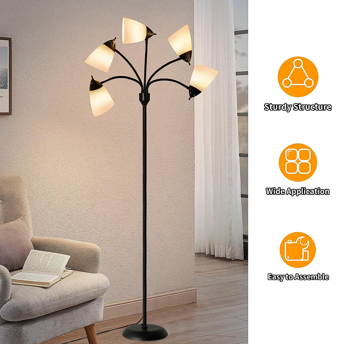DINGLILIGHTING Floor Lamp Tall for Room: Flexible Gooseneck Floor Lamps Standing for Bedroom Home Office - Modern Floor Lights 5-Light
