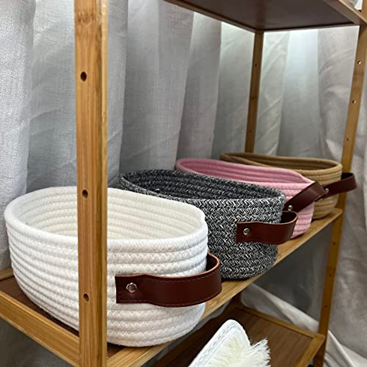 ABenkle Small Woven Basket, Mini Cotton Rope Storage Basket, Tiny White Basket, Shelf Basket, Oval Decorative Toy Dog Cat Basket for Nursery, Kids Room, Empty Gift Basket Baby Basket, 10" x 6" x 4" XS