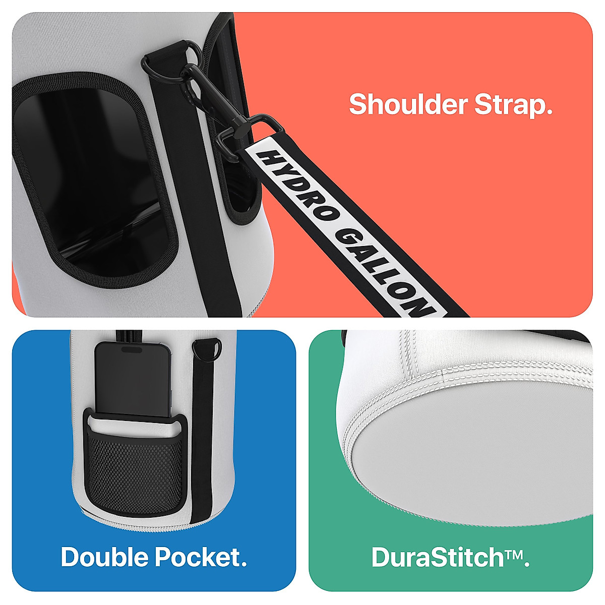 Hydro Gallon® - 1 Gallon Water Bottle Jug with Insulated Sleeve and Straw Lid, Handle, Motivational Time Marker, Pocket, Shoulder Strap. Leakproof BPA free Large Big Bottle. 128oz (White)