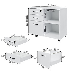 Gyger 3 Drawer File Cabinet for Home Office, Lateral Filing Cabinet with Open Storage Shelf, Mobile Lateral Printer Stand with Wheels and Storage，Wood File Cabinet with Lock(White)