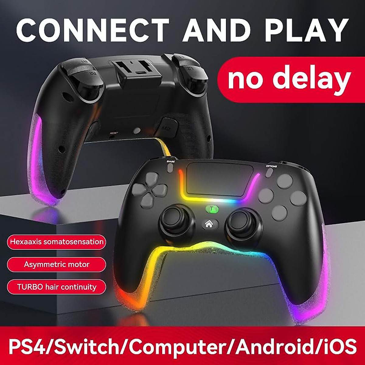 RALAN Black Wireless Controller Compatible with Playstation 4/Pro/Slim/for PS4 Dualshock 4 Gamepad with Adjustable LED Lighting, 3.5mm Audio Jack and Touch Pad