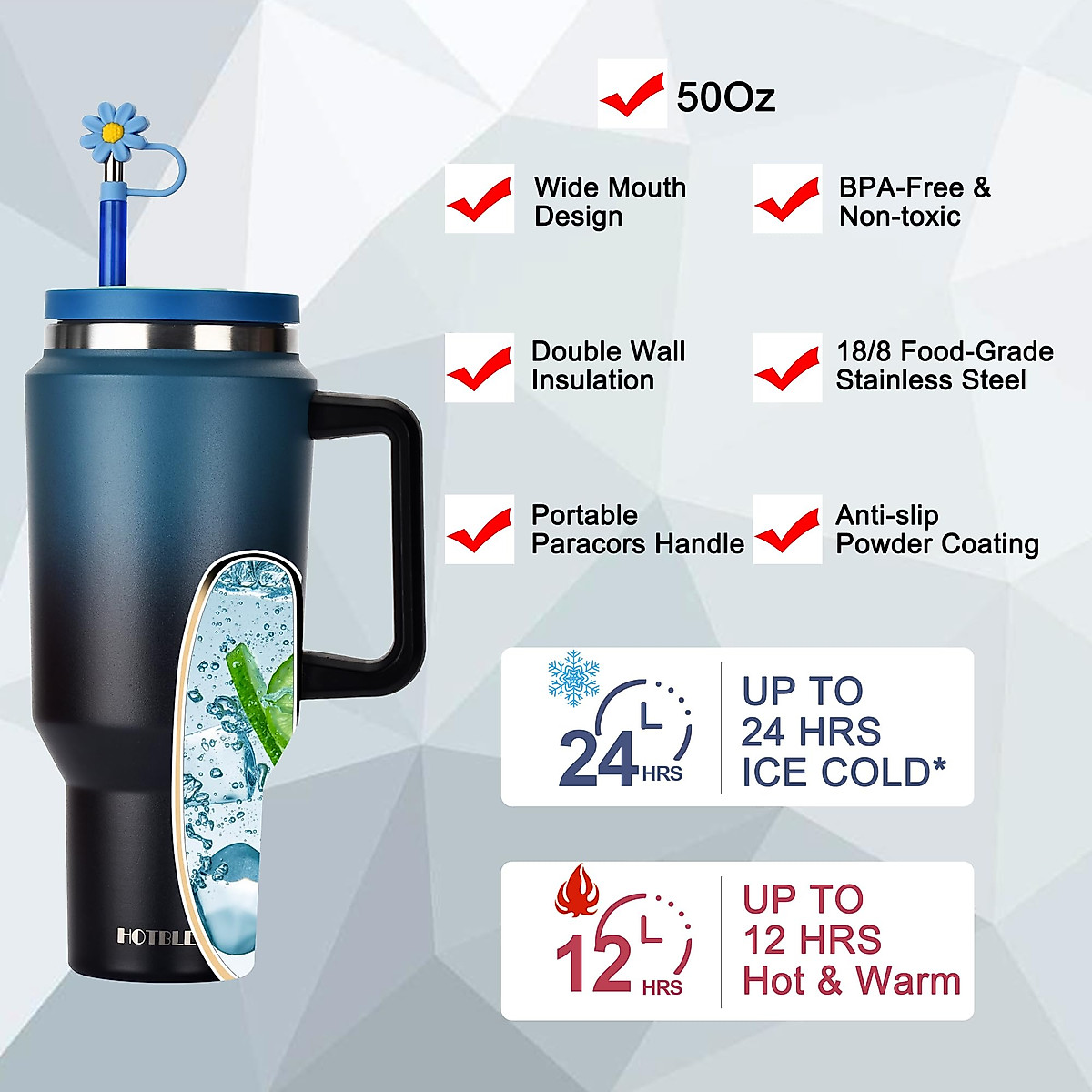 50 oz Stainless Steel Tumbler with Handle & Fruit Infuser & Carrier Bag,Insulated Tumbler with Lid & Straw,Travel Mug Cup Holder Friendly,Large Tumbler for Water, Iced Tea or Fruit,Gift for Men Women