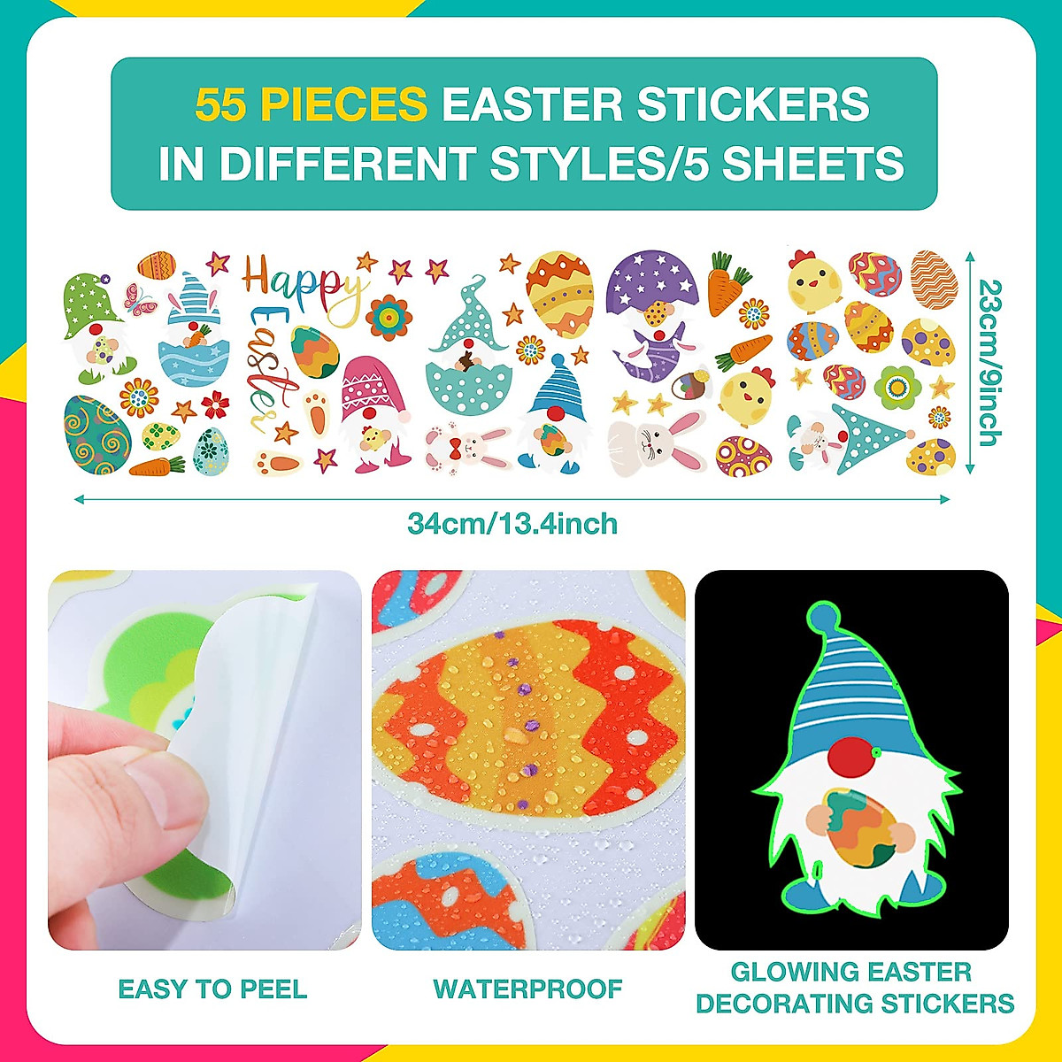 55 Pcs Glow in The Dark Stickers Wall Glowing Stickers Bunny Eggs Gnome Big Wall Decal Luminous Self Adhesive Stickers for Party Supplies Kids Room Nursery Classroom Wall Decor