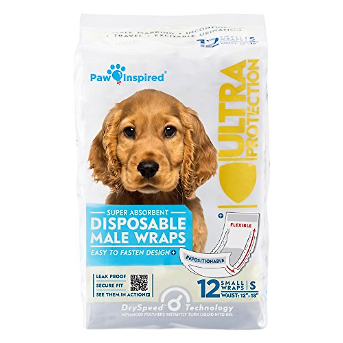 Paw Inspired Disposable Dog Wraps | Male Dog Diapers Ultra Protection | Belly Band for Male Dogs | Excitable Urination, Incontinence, or Male Marking (36 Count, Small)